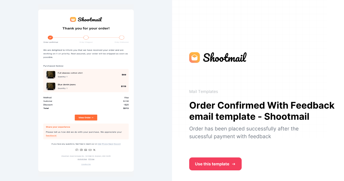 Order Confirmed With Feedback email template - Shootmail
