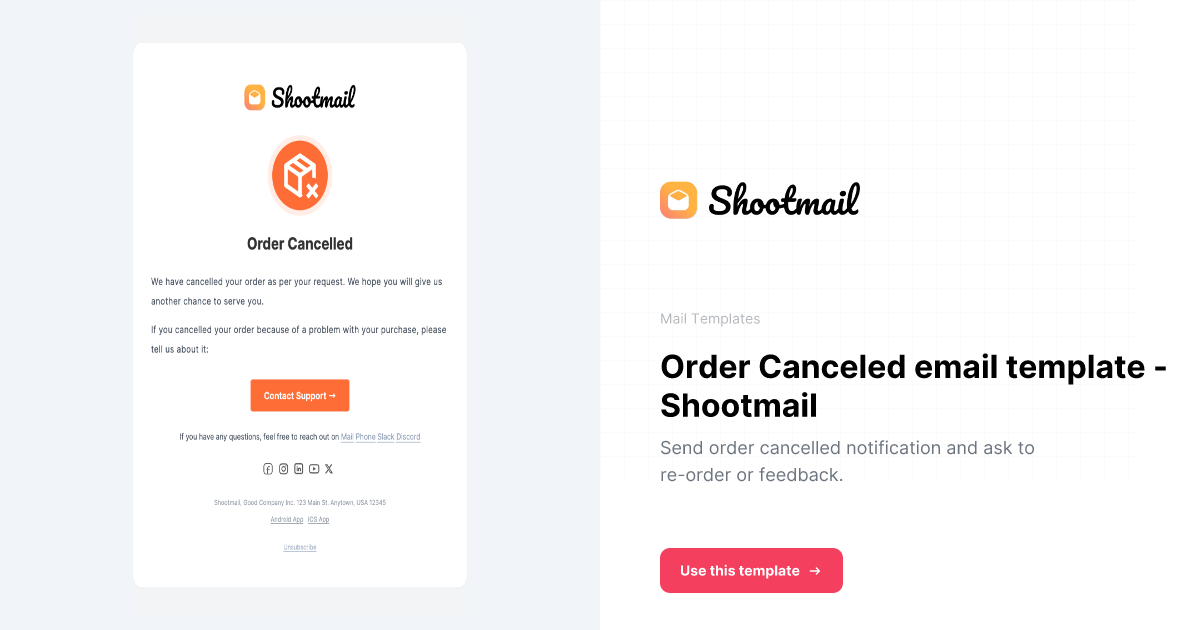 Order Canceled email template - Shootmail