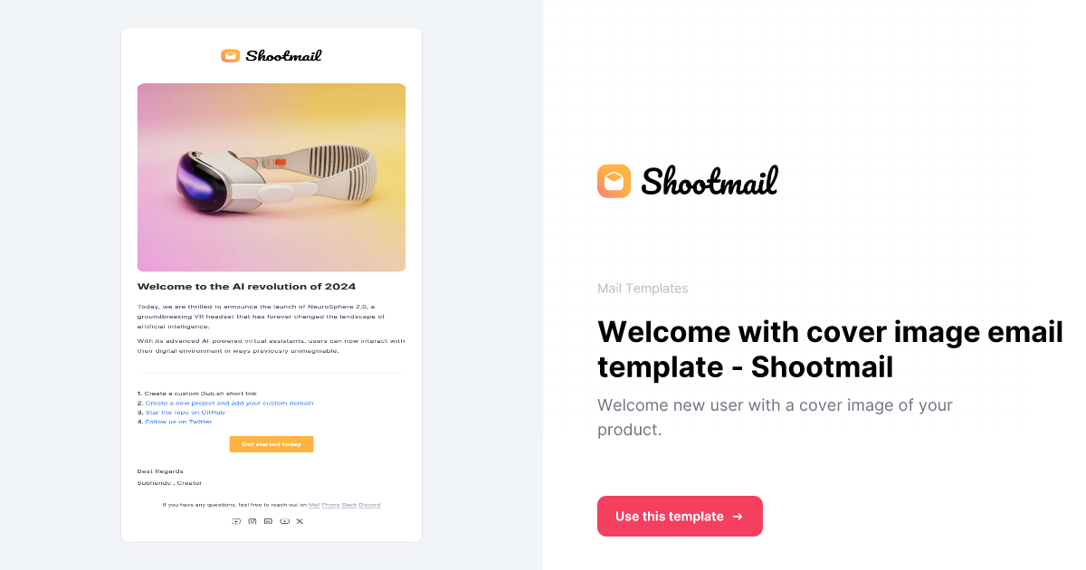 Welcome with cover image email template - Shootmail