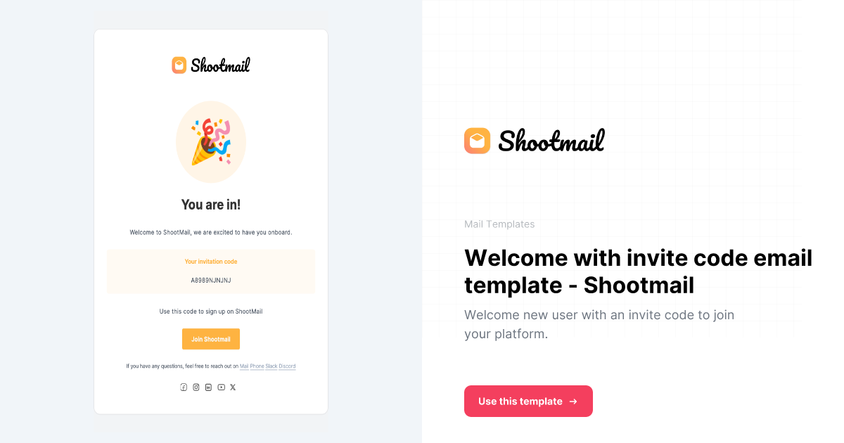 Welcome with invite code email template - Shootmail